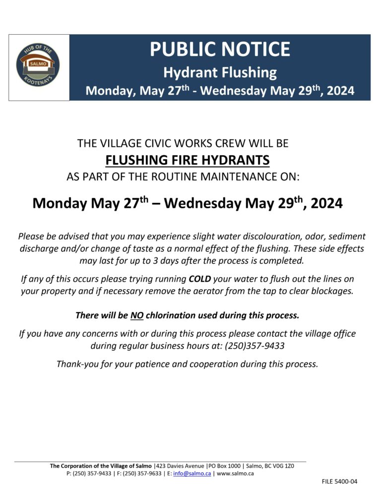Public Notice - Hydrant Flushing May 27-29, 2024 - Village of Salmo