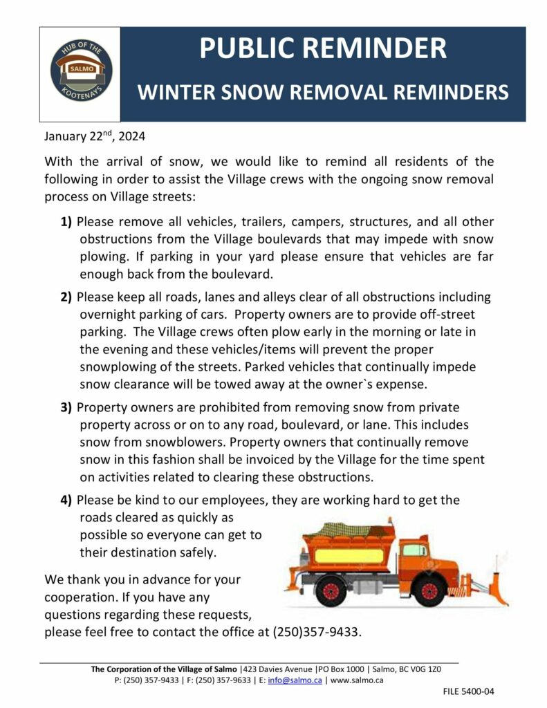 Winter Snow Reminders - Village of Salmo