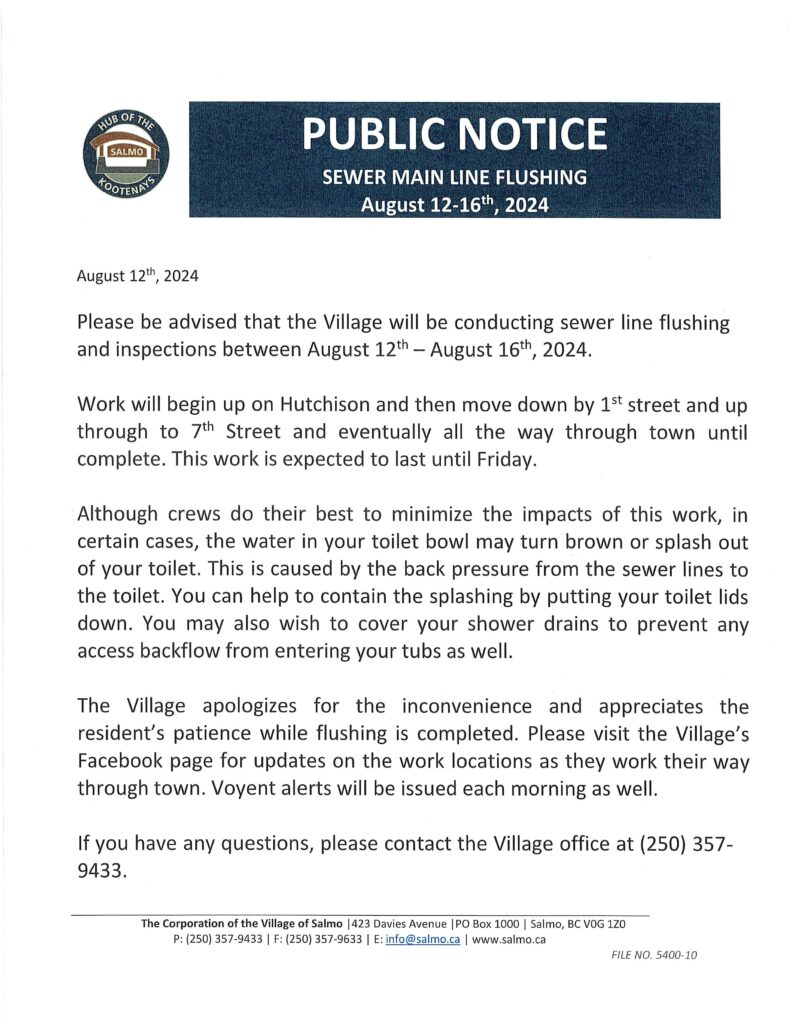 PUBLIC NOTICE - Sewer Main Line Flushing August 12th-16th 2024 ...