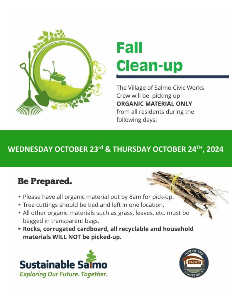 PUBLIC NOTICE - FALL CLEAN-UP OCTOBER 23 & 24, 2024 - Village of Salmo