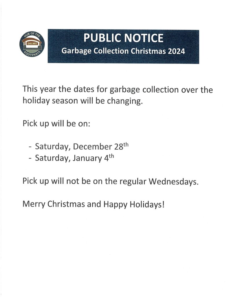 PUBLIC NOTICE: Garbage Collection Christmas 2024 - Village of Salmo