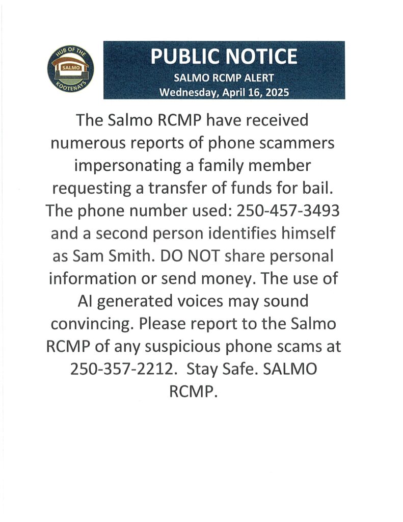 Notice from RCMP Regarding Phone Scam Alert - Village of Salmo