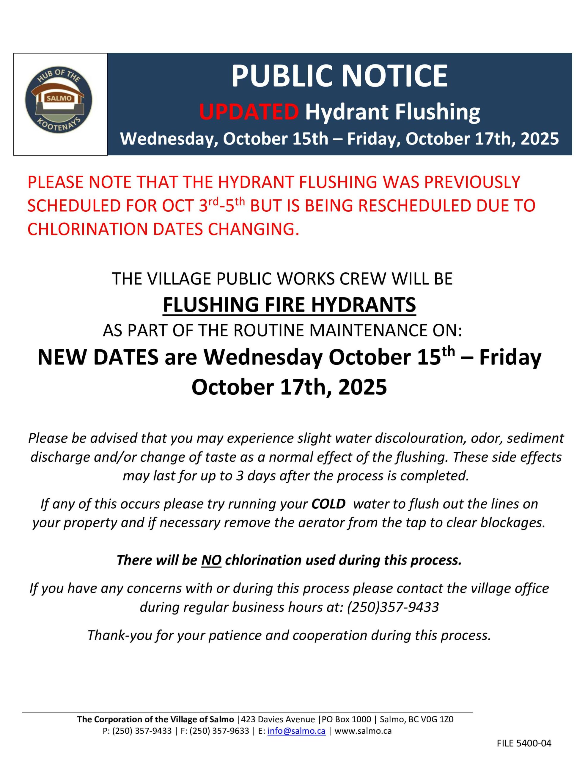 PUBLIC NOTICE - HYDRANT FLUSHING - Village of Salmo